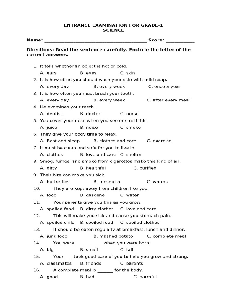 Grade 1 Science Entrance Exam Questions | PDF | Elephant | Zoology