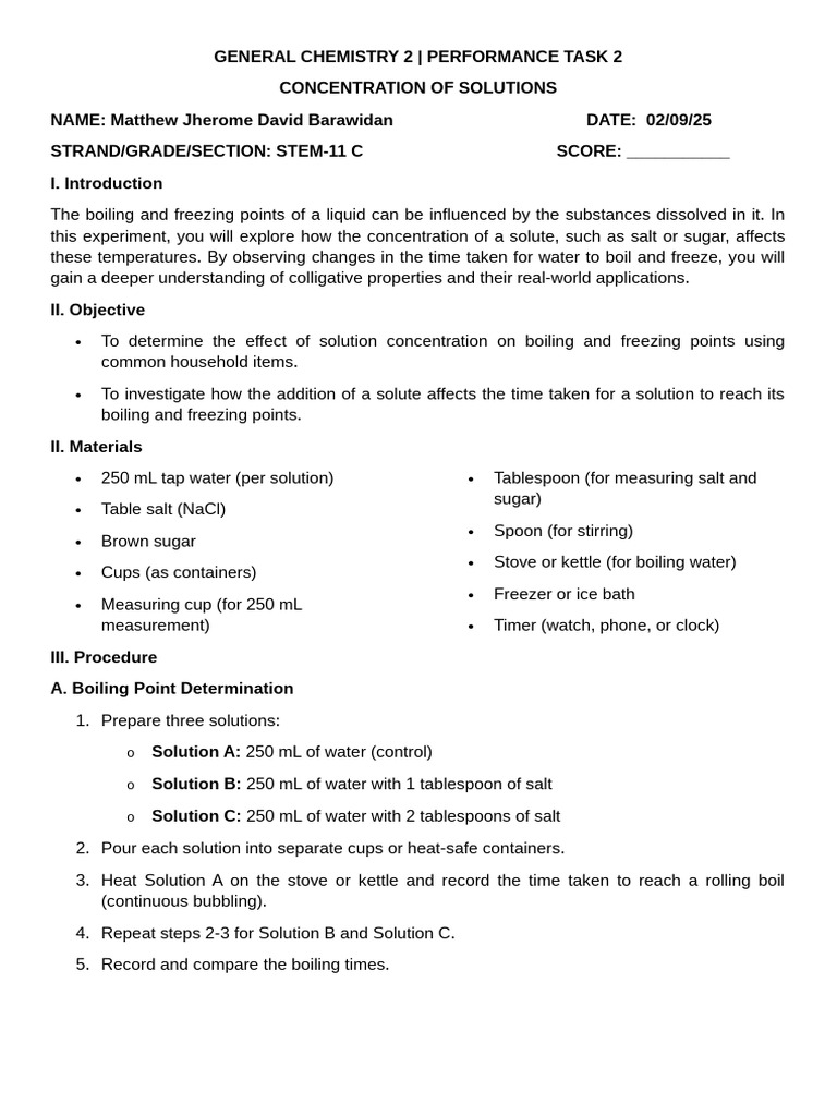 GENERAL CHEMISTRY 2 - PERFORMANCE TASK 2 Copy 2 | PDF | Water | Tablespoon