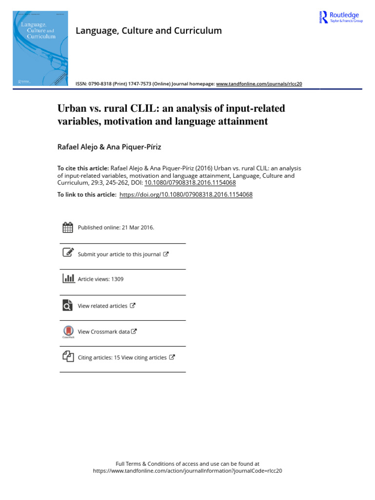 Urban vs. Rural CLIL An Analysis of Input-Related Variables Motivation and Language Attainment ...