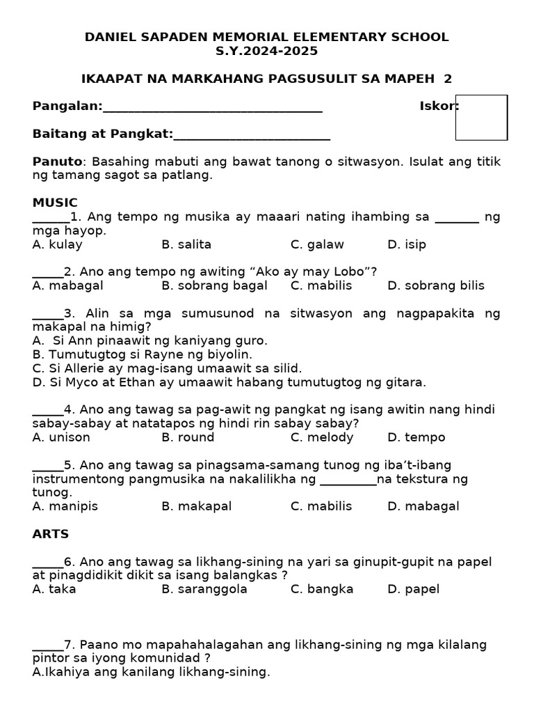 MAPEH-4TH QUARTER EXAM Edited | PDF