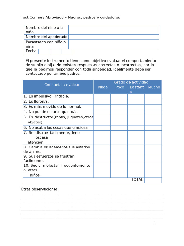 Test de Conners para Padres | PDF