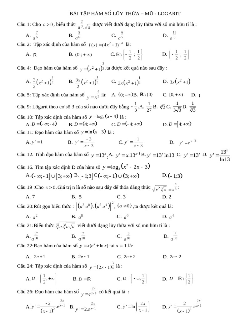 BÀI TẬP HÀM SỐ LŨY THỪA- PTM-LOGA | PDF