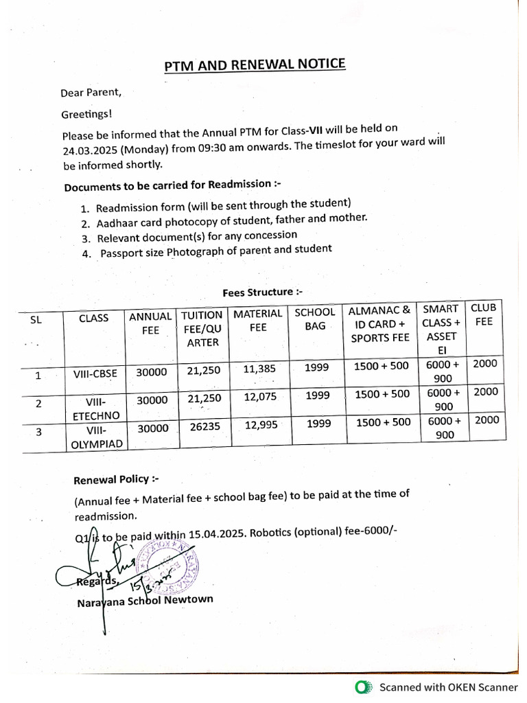 PTM and Renewal Notice For Class - Vii | PDF