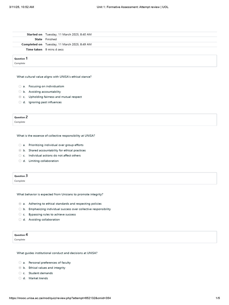Unit 1 - Formative Assessment - Attempt Review - UOL | PDF | Integrity | Business
