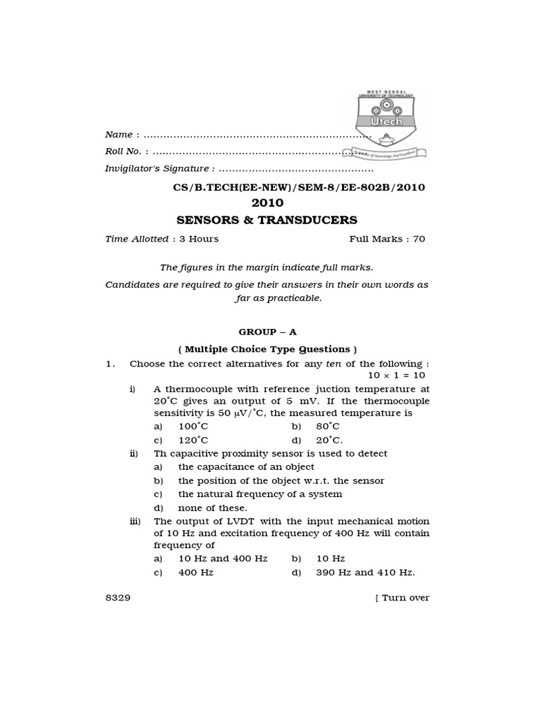 Btech Ee 8 Sem Sensors and Transducers 2010 | PDF | Ultrasound | Sensor