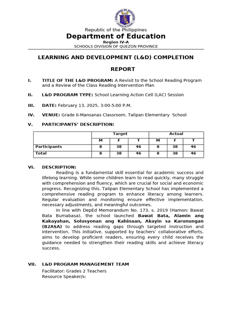 READING-COMPLETION-REPORT | PDF | Teachers | Literacy