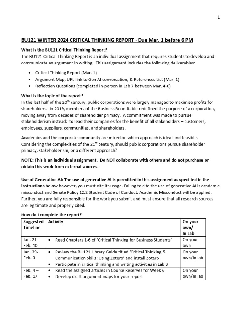 BU121 Winter 2024 Critical Thinking Report | PDF | Critical Thinking ...