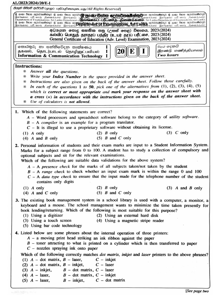2023 AL ICT MCQ English at Apepanthiya - LK | PDF