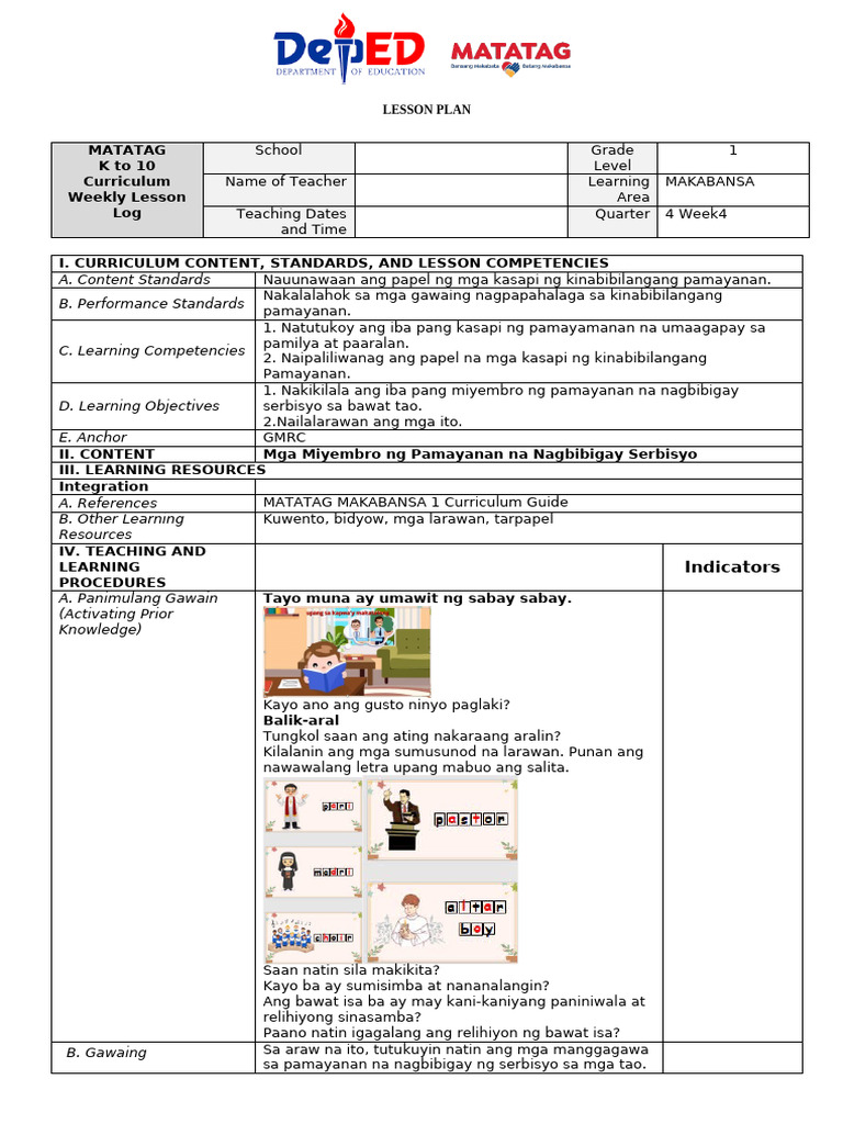 Q4 MAKABANSA WEEK4 LP.docx Paepel ng mga kasali sa pamayanan | PDF