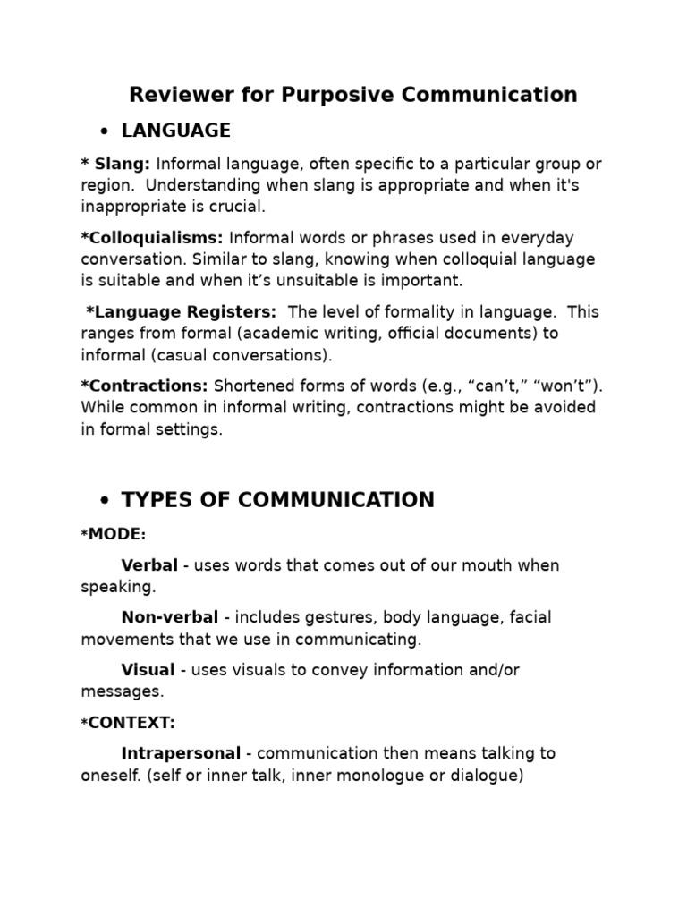 Purp. Comm. Reviewer For Finals | PDF | Communication | Nonverbal Communication