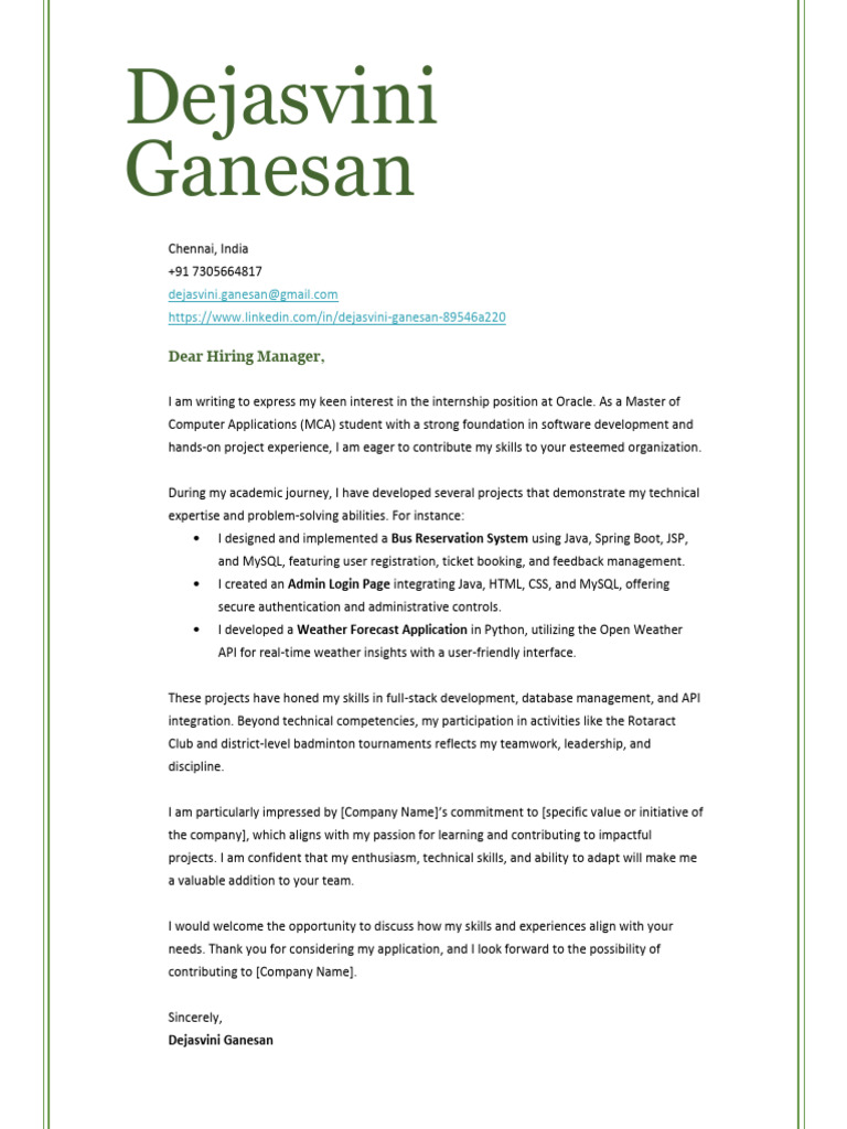 Cover Letter Dejasvini Ganesan | PDF