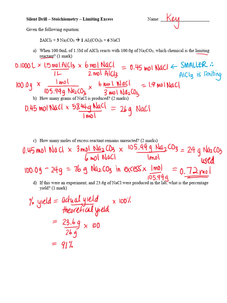 42 - Stoichiometry Silent Drill Limiting Excess KEY PDF | PDF