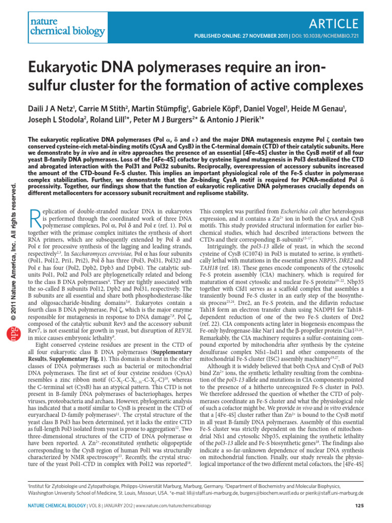 Eukaryotic Dna Polymerases Require An Iron-Sulfur Cluster For The ...