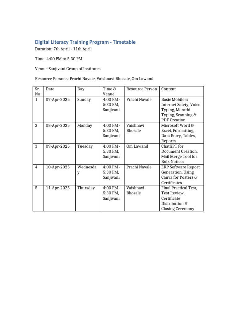Digital Literacy Timetable Final | PDF