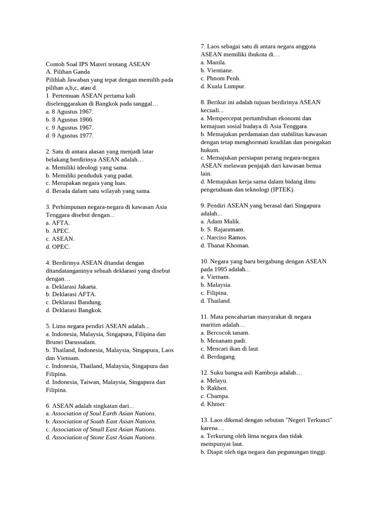 Contoh Soal IPS Materi Tentang ASEAN | PDF