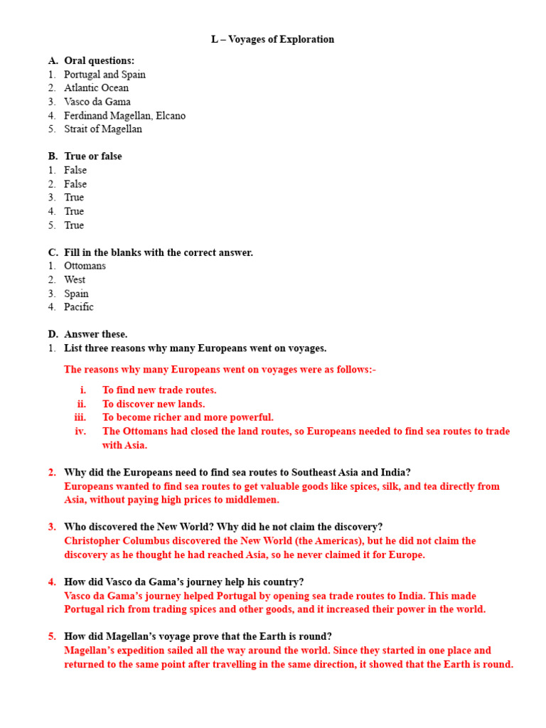 Grade 5 SS L-18 Voyages of Exploration Answer Key 1 | PDF