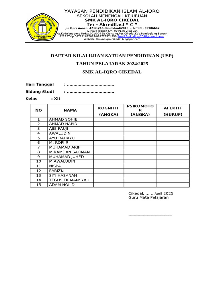 Daftar Nilai Usp 2025 | PDF