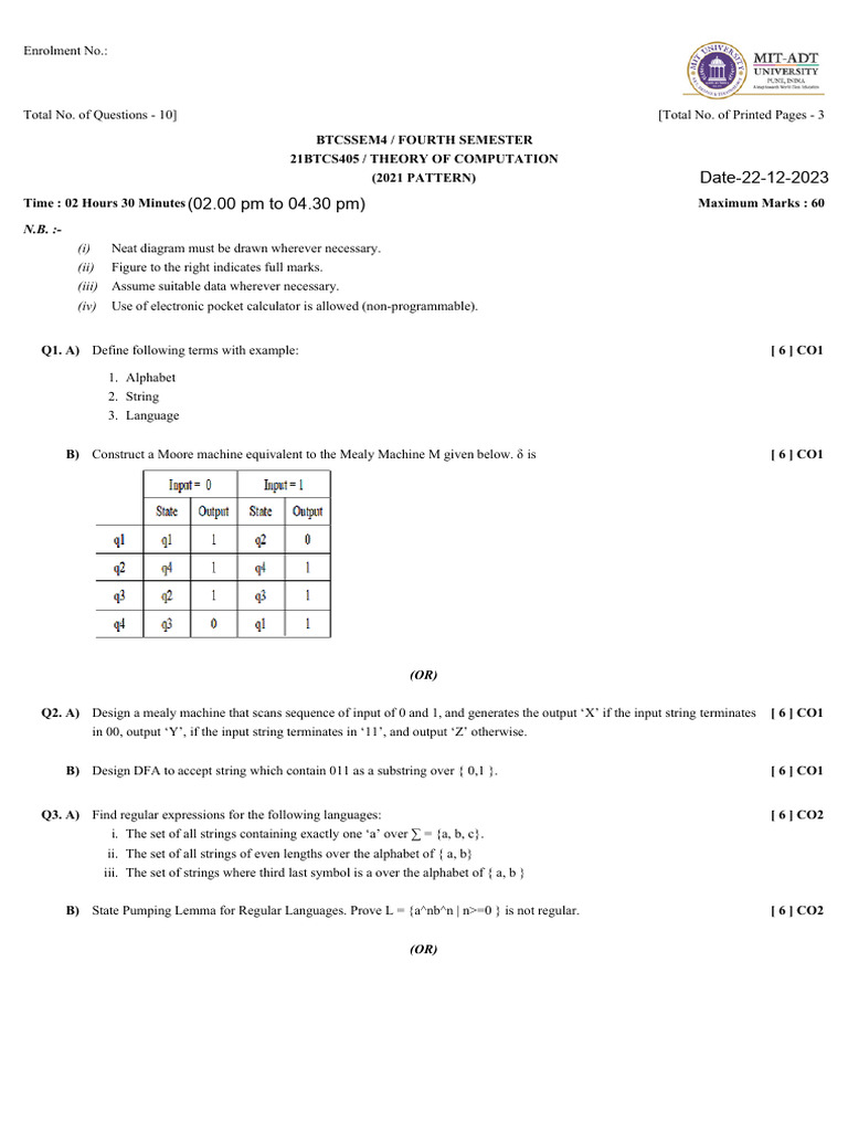 Theory of Computation Exam Paper | PDF | String (Computer Science ...