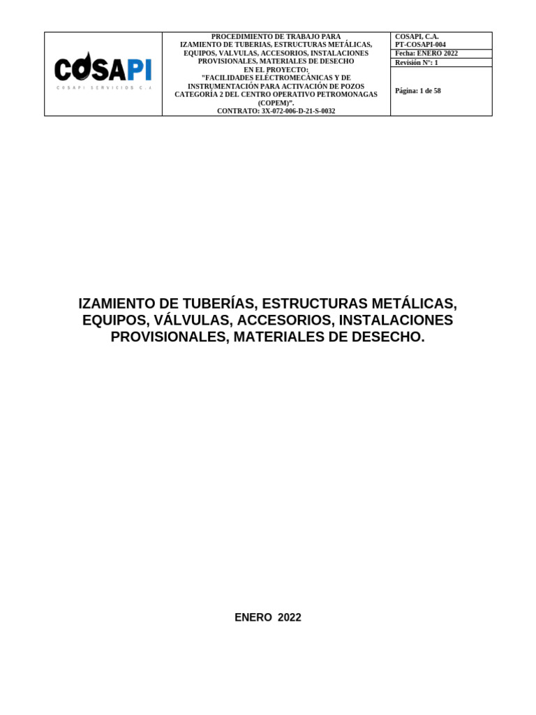 PT-COSAPI-004 IZAMIENTO DE TUBERÍAS, ESTRUCTURAS METÁLICAS, EQUIPOS ...