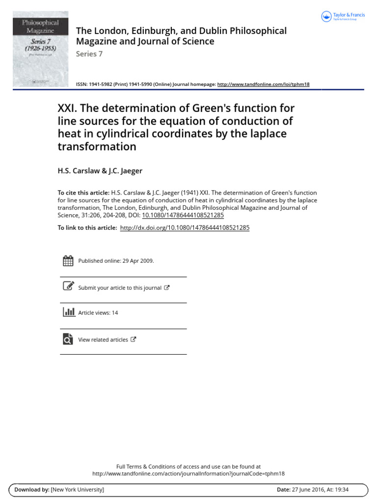 The Determination of Green's Function For Carslaw Line Sources For The ...