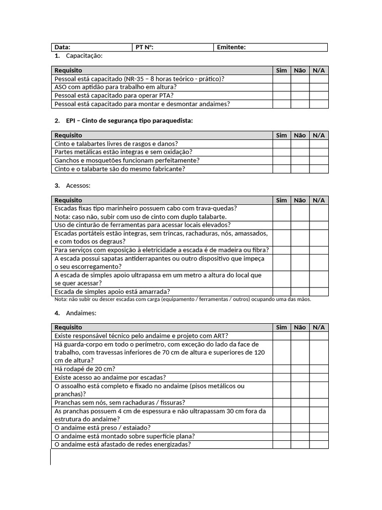 Checklist de Segurança em Trabalho em Altura | PDF
