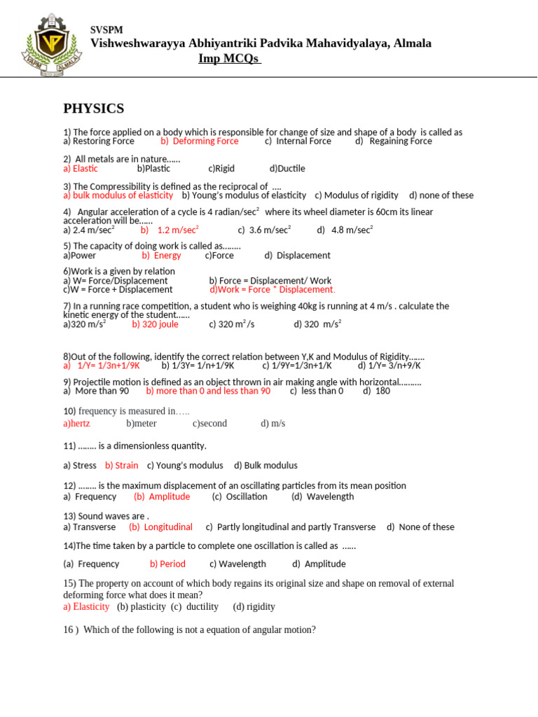 Sample Imp MCQ Sem 2 Msbte 1 24-25 | PDF | Young's Modulus | Elasticity (Physics)
