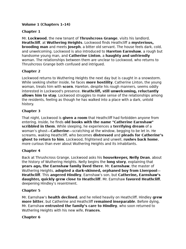 Wuthering Heights: Chapters 1-34 Summary | PDF | Heathcliff (Wuthering ...