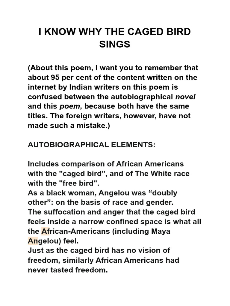 (Autobiographical Elements) CAGED BIRD SINGS | PDF