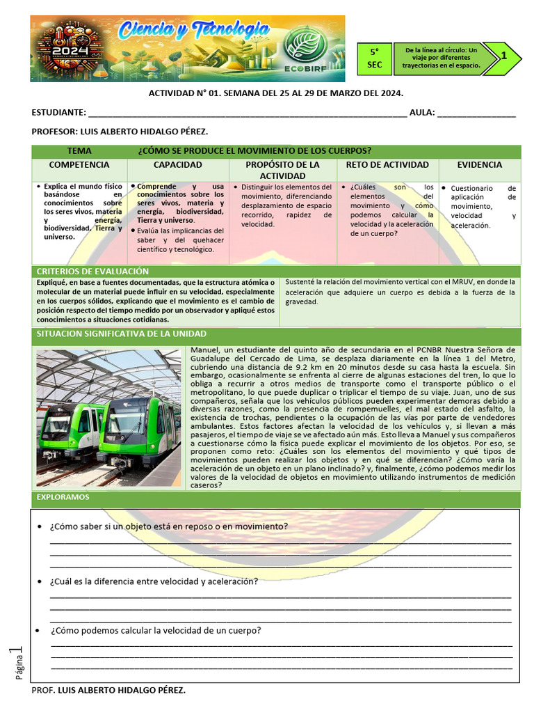 (PDF) 5°Sec - UNIDAD 1 - ACTIVIDAD 1 (CyT Explica 2024) - Cómo se produce el movimiento de los ...