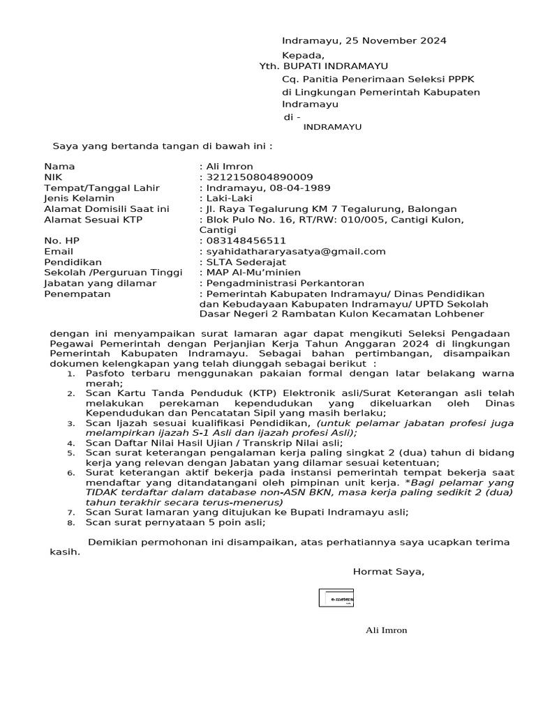 Format Surat Lamaran PPPK 2024 | PDF