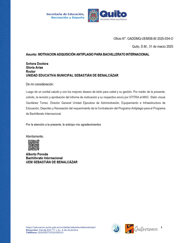 Oficio N 034 MOTIVACION ANTIPLAGIO A UNIDAD EJECUTORA-signed | PDF