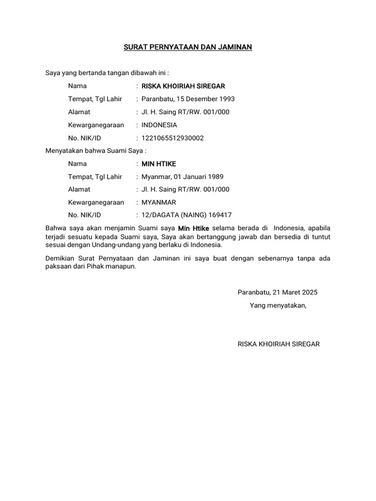 Surat Pernyataan Jaminan | PDF