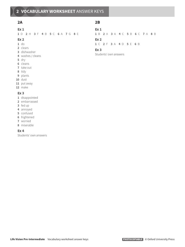 Life Vision Pre-Int Vocab Worksheets U2 AK | PDF
