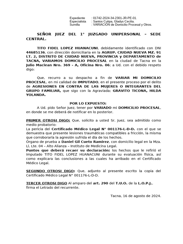 Variación de Domicilio Procesal en Tacna | PDF