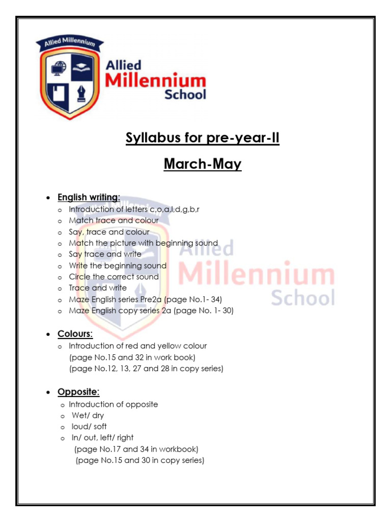 Syllabus for pre year II Montessori | PDF