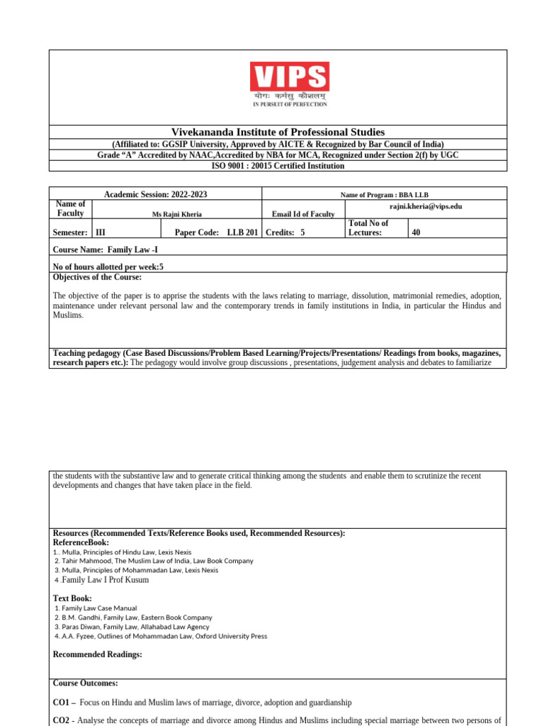 Lesson Plan FAmily Law - I 2021 BA LLB | PDF | Critical Thinking