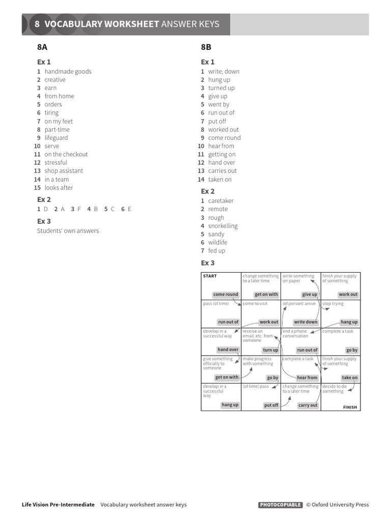 Life Vision Pre-Int Vocab Worksheets U8 AK | PDF
