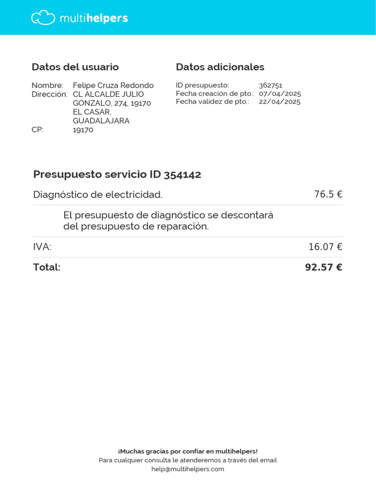 Presupuesto Servicio ID 354142: Datos Del Usuario Datos Adicionales | PDF