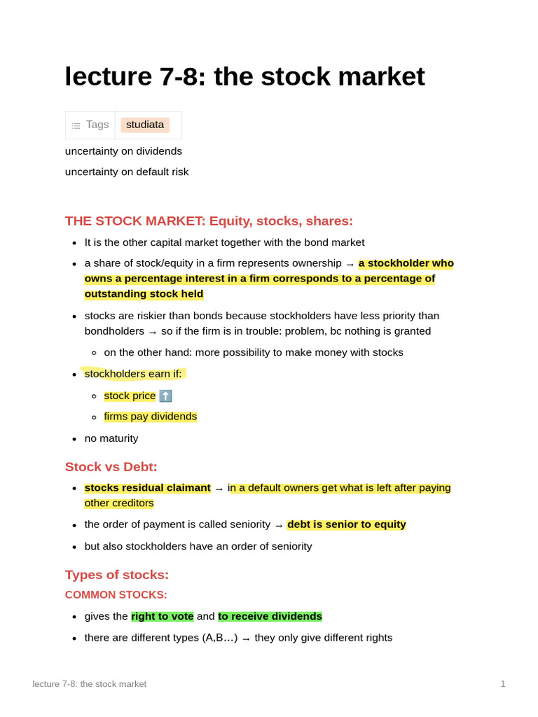 Lecture 7-8 The Stock Market | PDF | Stocks | Bonds (Finance)