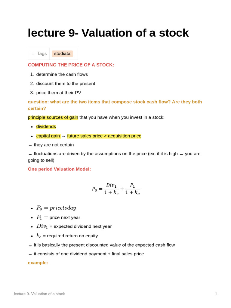 Lecture 9- Valuation of a Stock | PDF | Valuation (Finance) | Stocks