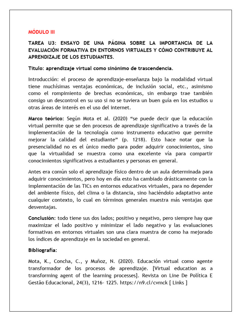 Módulo 3 - Tarea U3 ensayo pro virtualidad | PDF