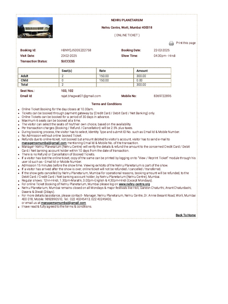 Nehru Planetarium Ticket Booking Info | PDF | Credit Card | Debit Card