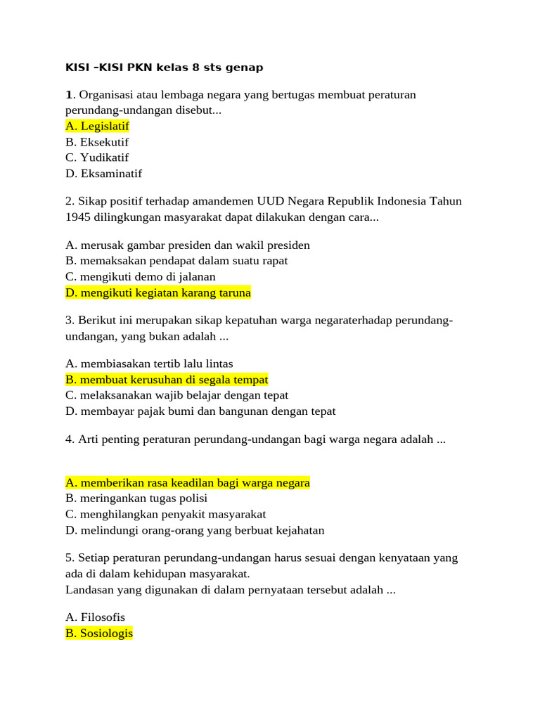 KISI KISI pkn KELAS 8 STS GENAP | PDF