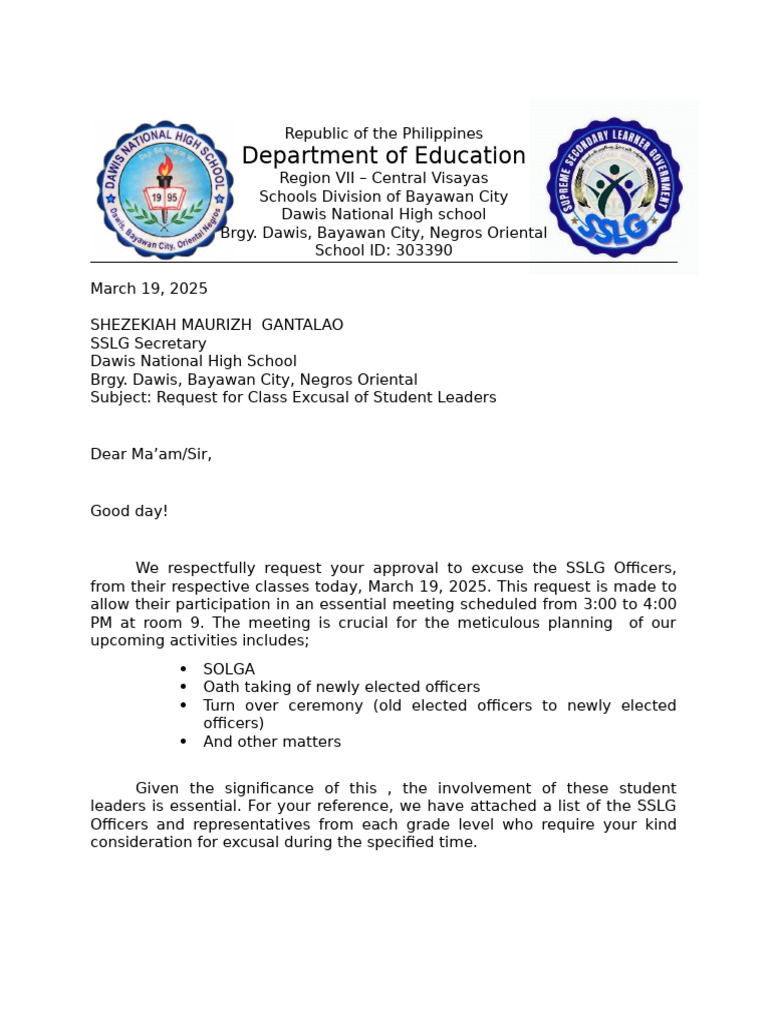 SSLG Letter For Excuse | PDF