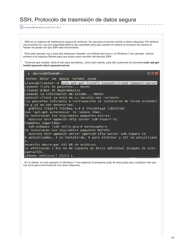 SSH Protocolo de Trasmisión de Datos Segura | PDF | Cubierta segura | Servidor (Computación)