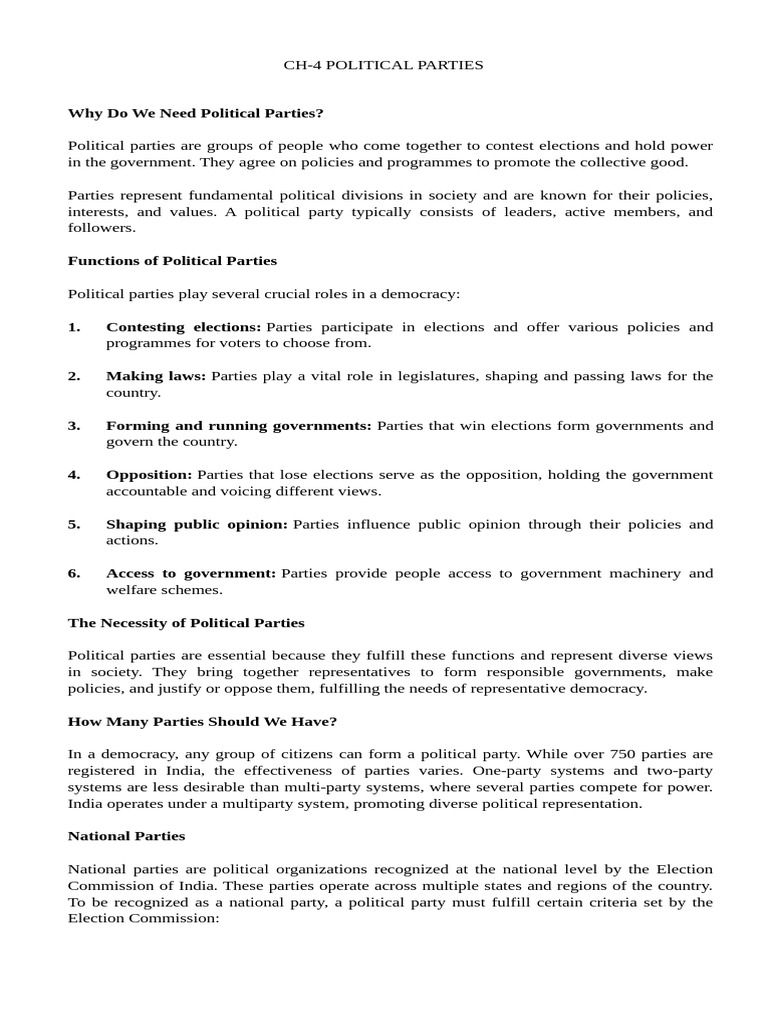 CH-4 POLITICAL PARTIES (CIVICS) | PDF | Political Parties | Indian ...