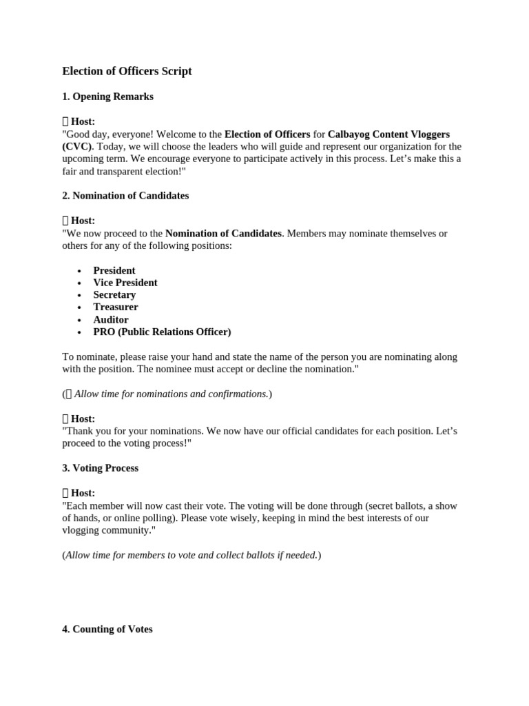 Classroom Officers Election Script | PDF