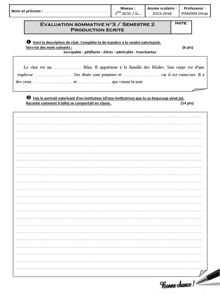 Evaluation 3-Sem2 Écrit-1ère - PDF Version 1 | PDF