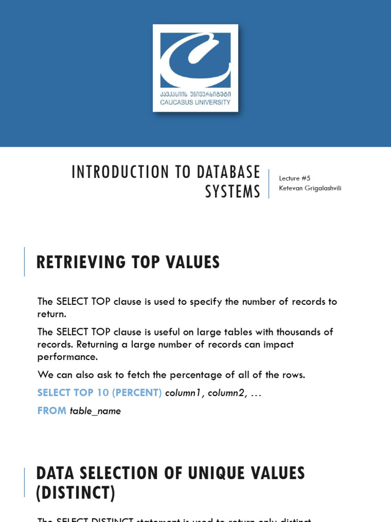 Introduction To Database Systems: Lecture #5 Ketevan Grigalashvili | PDF | Numbers | Sql