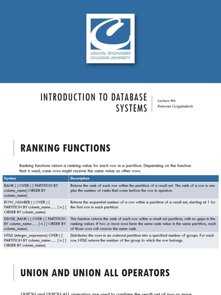 Introduction To Database Systems: Lecture #6 Ketevan Grigalashvili | PDF | Data Type | Computer ...